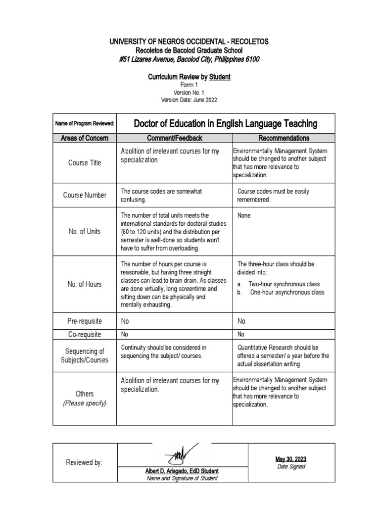 Sample Curriculum Review by Student | PDF