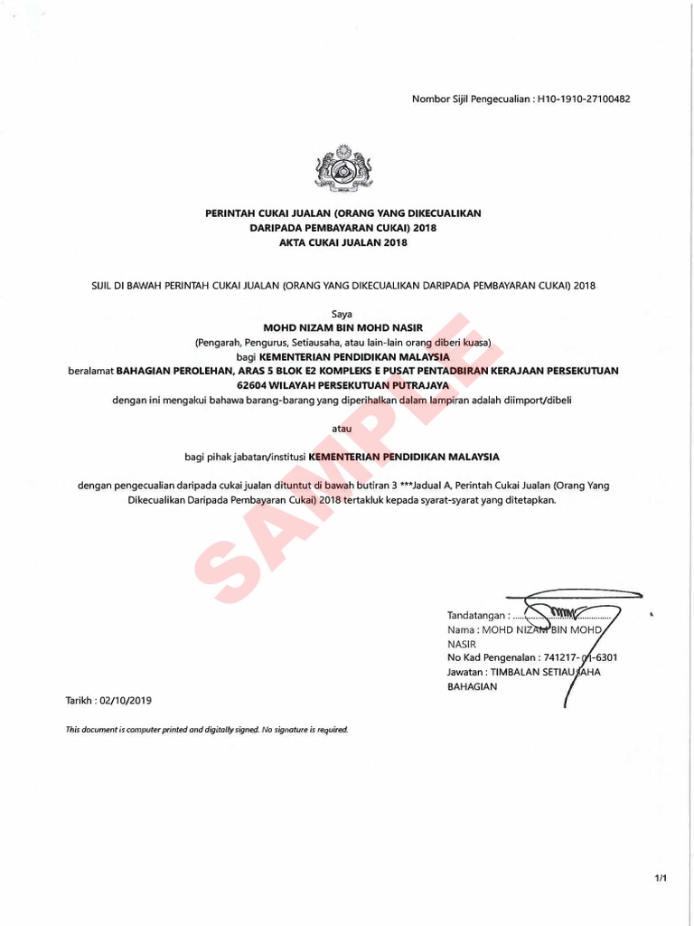 Pengecualian Cukai SST - SAMPLE | PDF