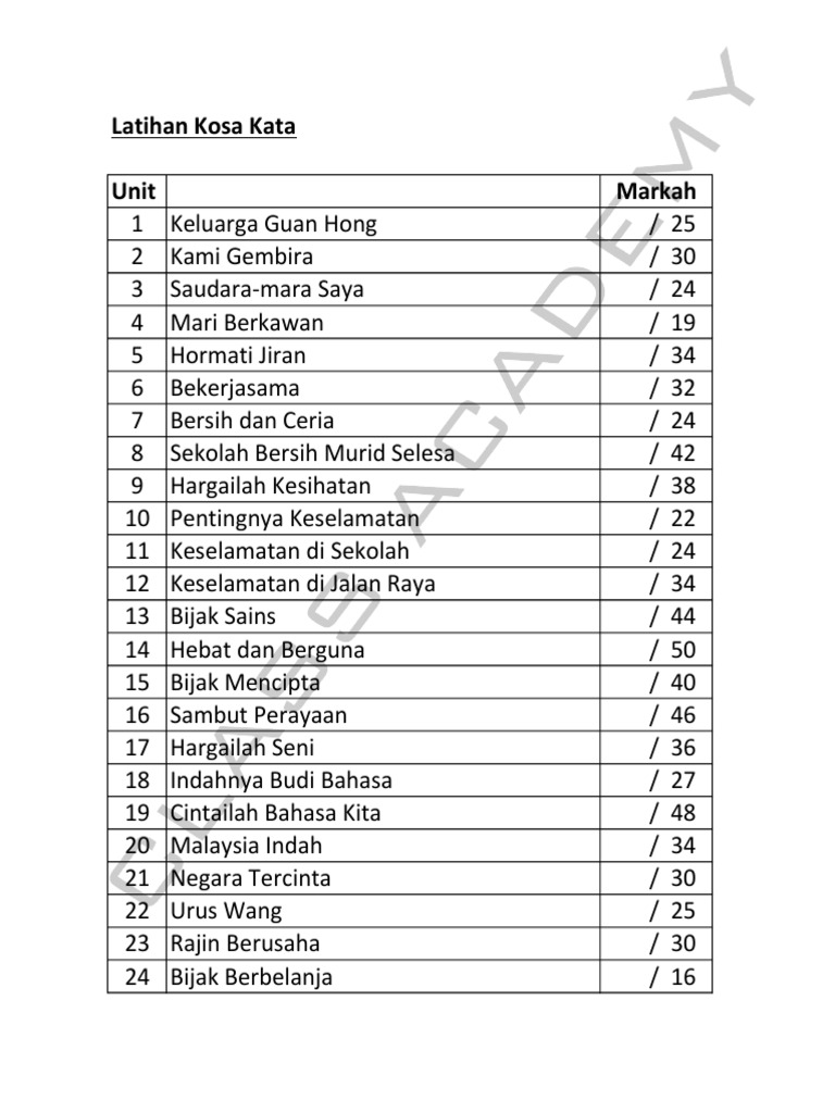 BM - Kosa Kata 1-24 (Y2) | PDF
