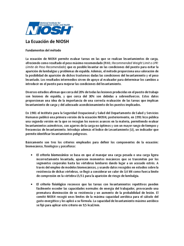 La Ecuación de NIOSH - Una Guía Sobre Su Aplicación | Descargar gratis PDF | Factores humanos y ...