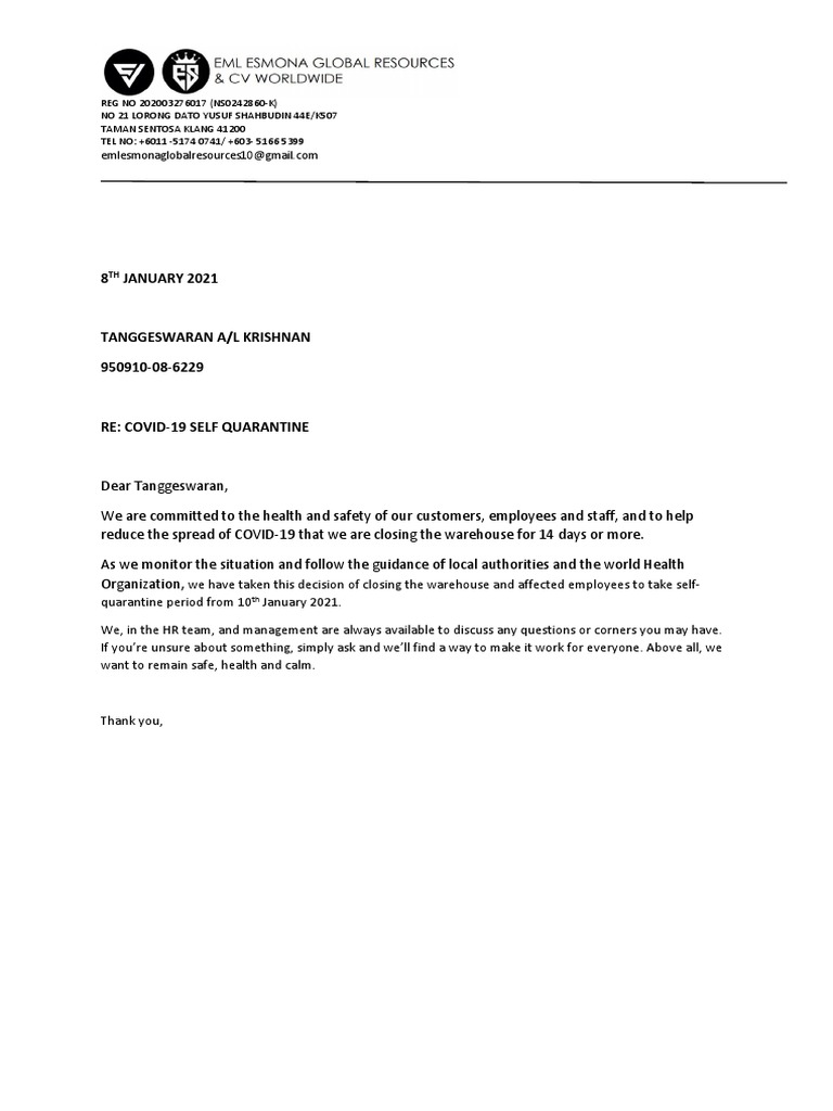 Self Quarantine Letter | PDF