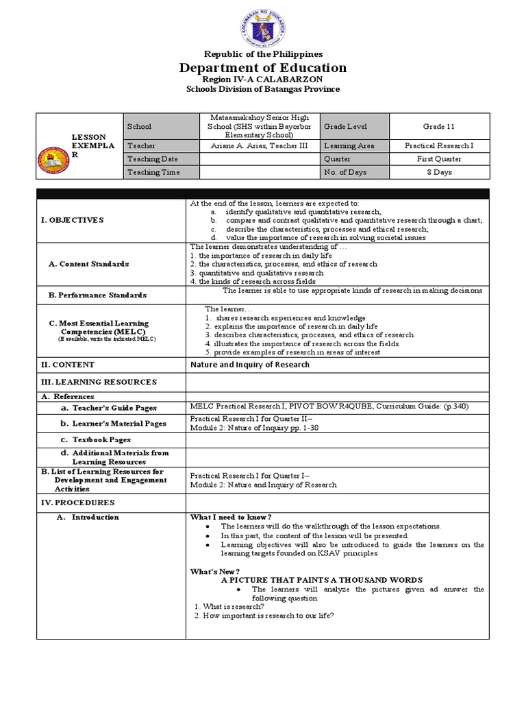 Grade 11 Research Lesson Exemplar | PDF