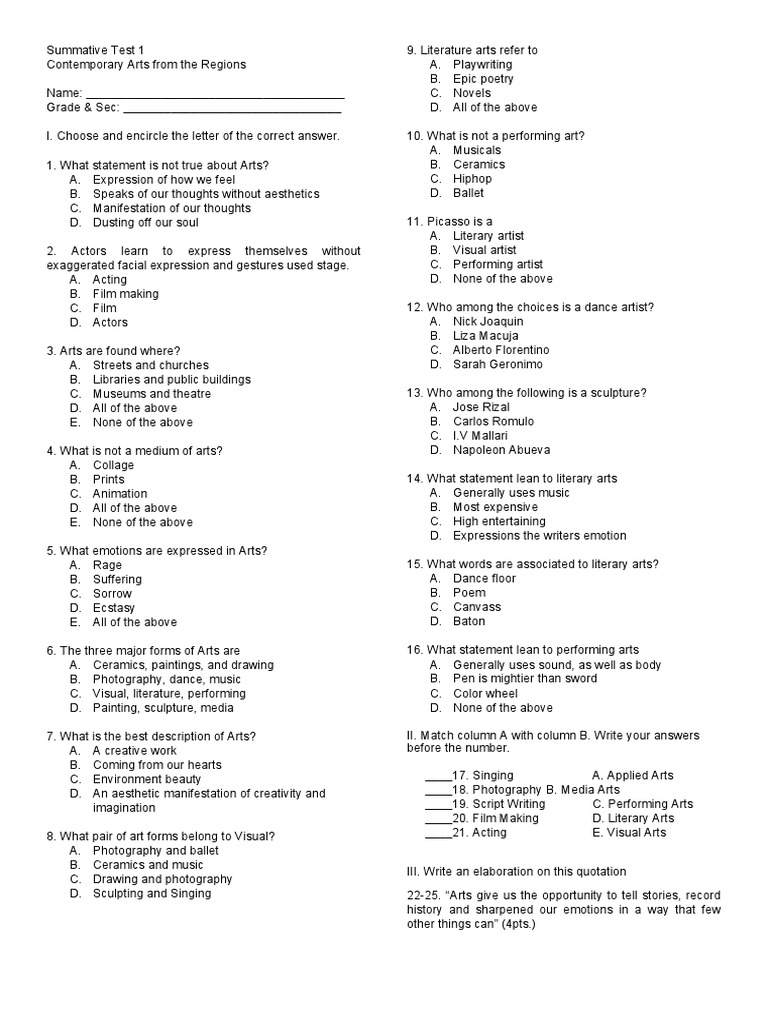 Contemporary Arts Summative Test | PDF | The Arts | Aesthetics
