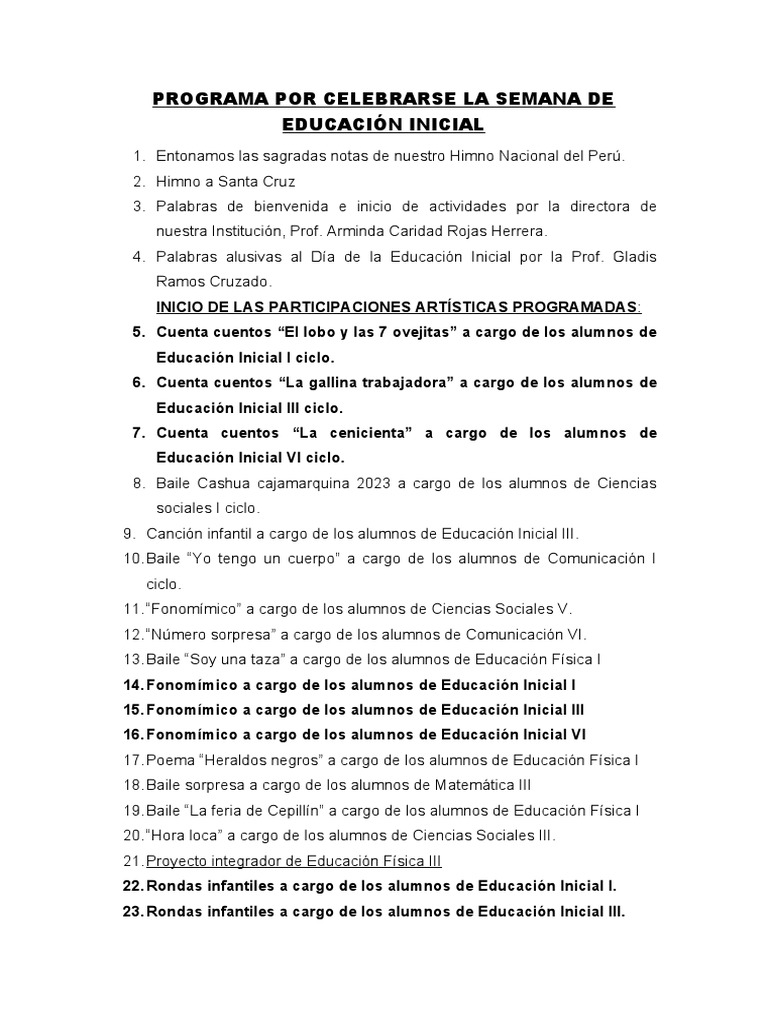 Programa Por Celebrarse La Semana de Educación Inicial | PDF ...