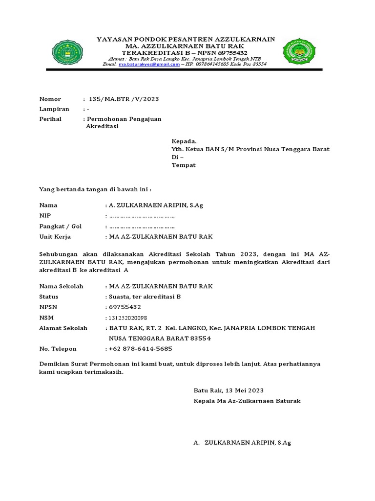 SURAT AJUAN FORMAL AKREDITASI SEKOLAH - WWW - Kherysuryawan.id | PDF