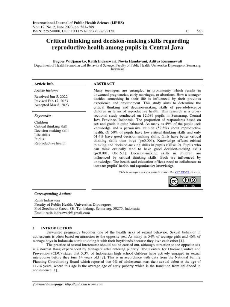 Critical Thinking and Decision-Making Skills Regarding Reproductive ...