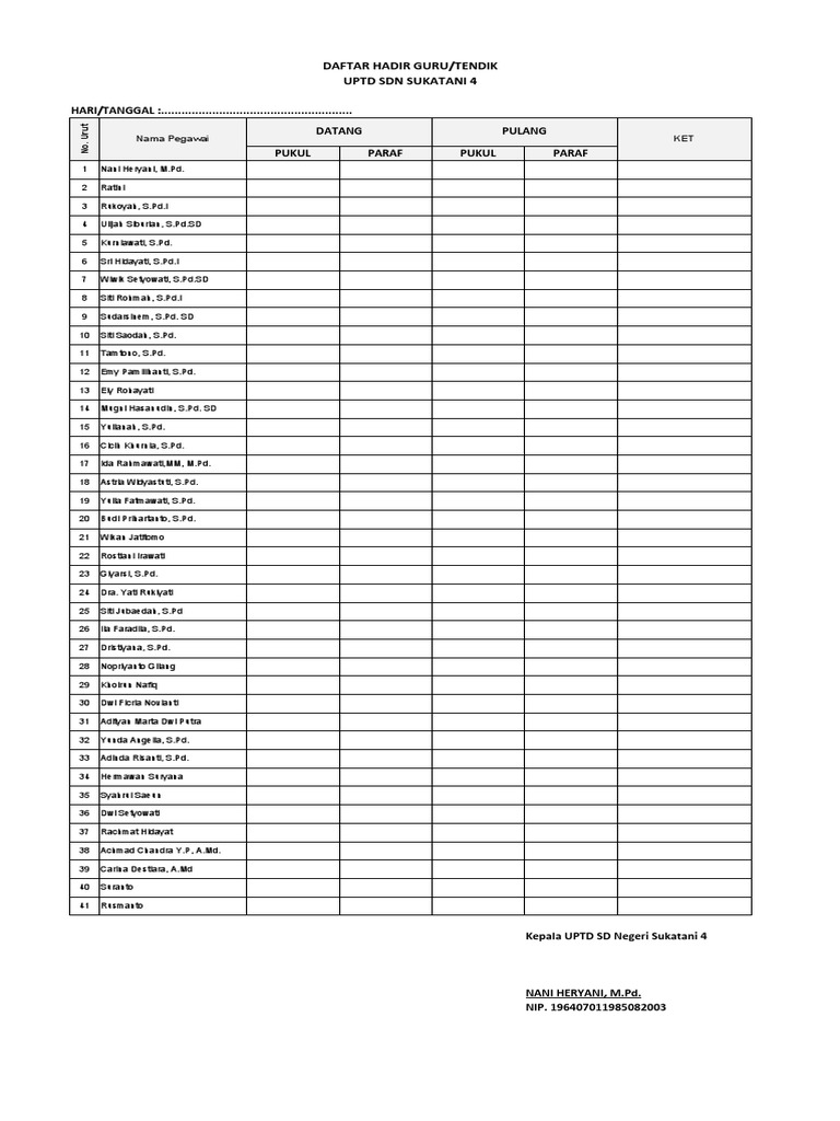 Daftar Hadir Jam Datang Pulang Guru Dan Tendik | PDF Daftar Hadir Jam Datang Pulang Guru Dan Tendik | PDF
