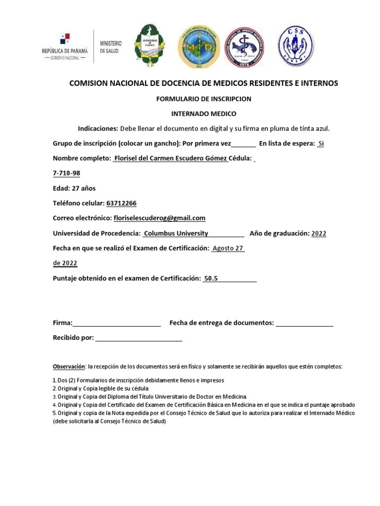 Formulario de Inscripción II Internado 2023 | PDF