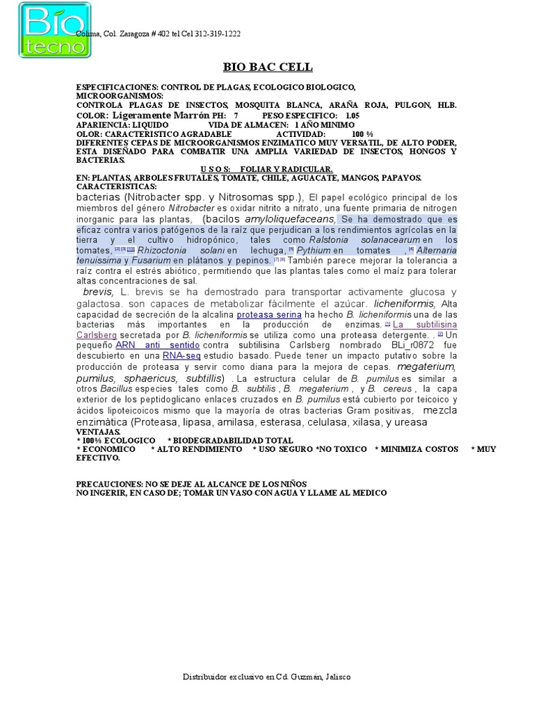 Ficha Tecnica BIO BAC CELL Control de Plagas. | Descargar gratis PDF ...
