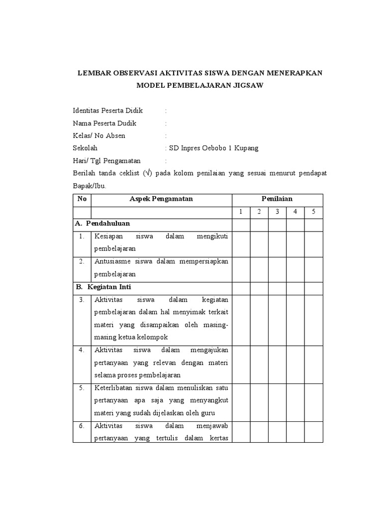 Lembar Observasi Aktivitas Siswa | PDF Lembar Observasi Aktivitas Siswa | PDF