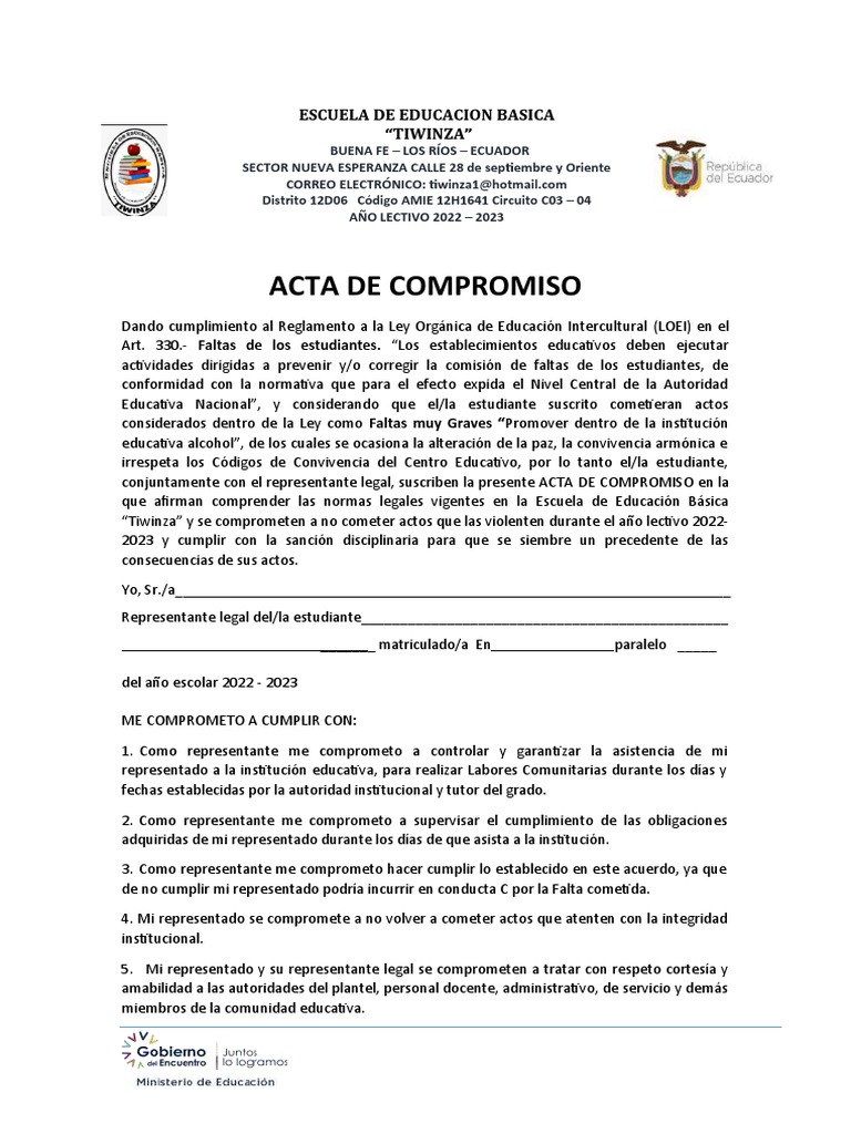 Acta de Compromiso Padres de Familia 2022-2023 | PDF
