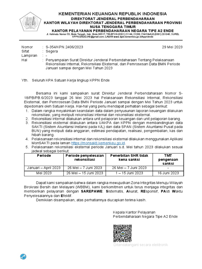 Surat Kepala KPPN Ke Satker Pelaksanaan Rekon Mei 2023 | PDF
