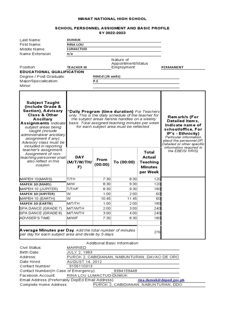 SF 7 School Assignment and Basic Profile | PDF