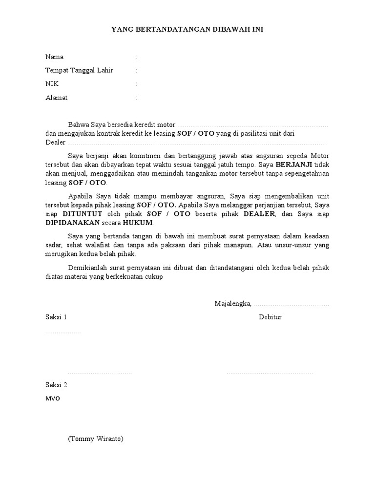 Surat Pernyataan Debitur New | PDF