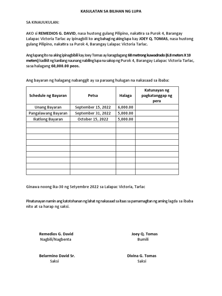 Kasulatan Sa Bilihan NG Lupa 2 | PDF