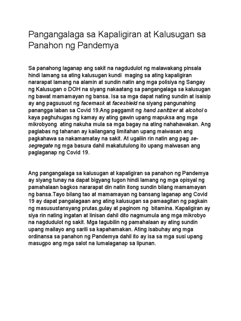 Pangagalaga Sa Kalusugan at Kapaligiran Sa Panahon NG Pandemya | PDF Pangagalaga Sa Kalusugan at Kapaligiran Sa Panahon NG Pandemya | PDF