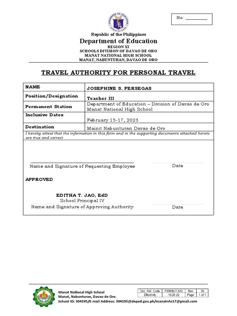 Authority To Travel New Format | PDF