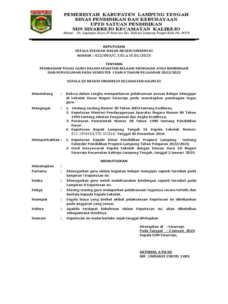 SK Pembagian Tugas 2020-2021 | PDF