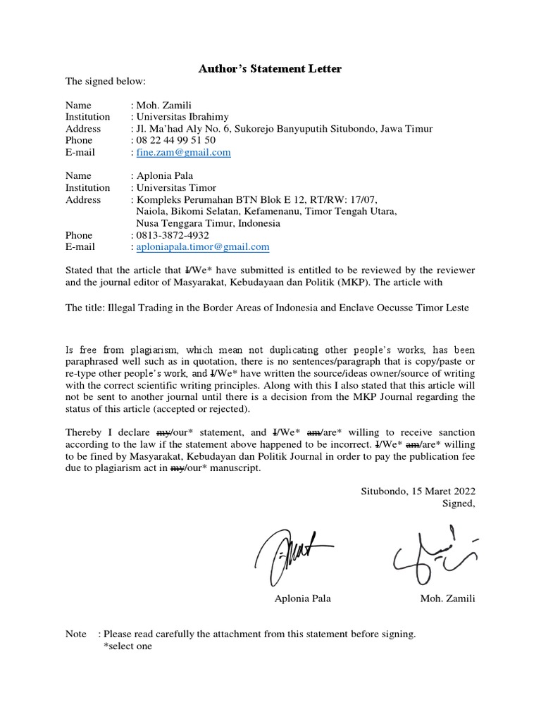 Author's Statement Letter | PDF