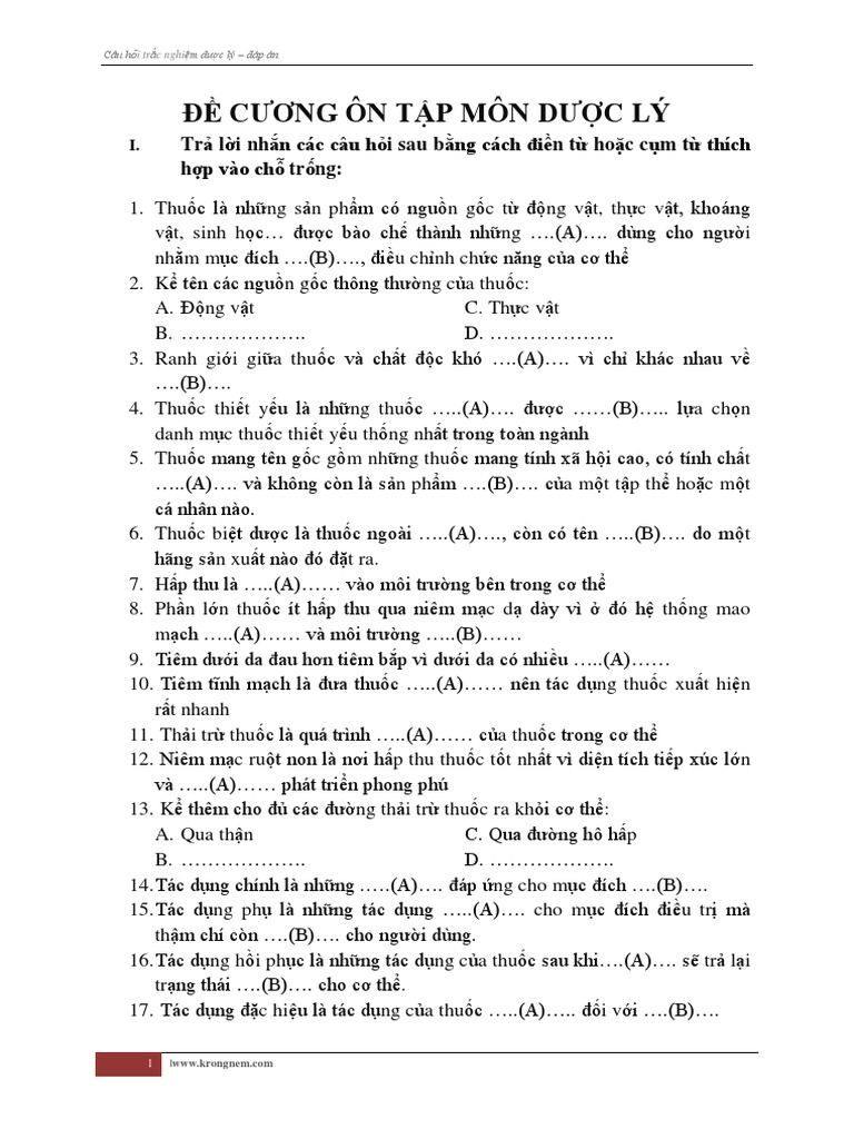 De Cuong On Tap Duoc Ly | PDF