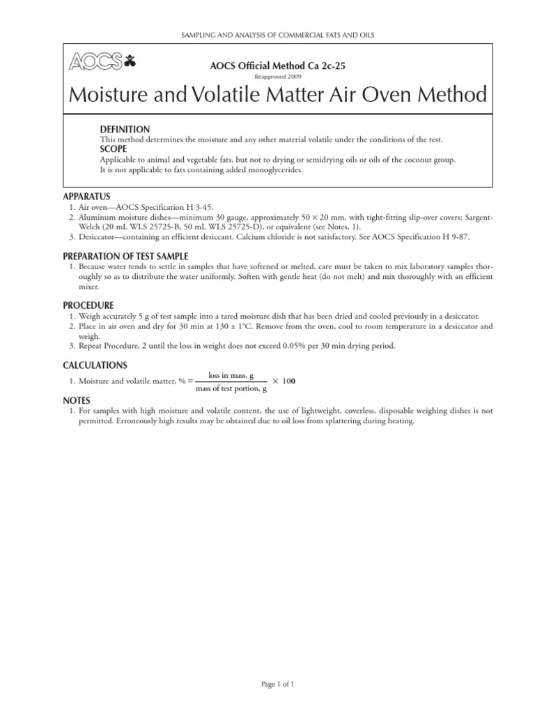 Moisture (Air Oven Method) - AOCS Ca 2c-25-2009 | PDF