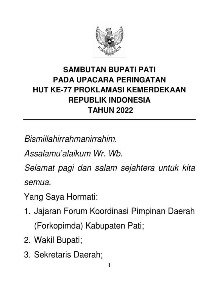 Contoh Sambutan Bupati Pati Pada Upacara Peringatan Hut Ke 77