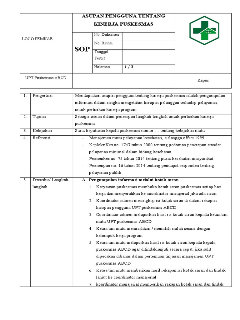 SOP Asupan Pengguna Tentang Kinerja Puskesmas Baru | PDF