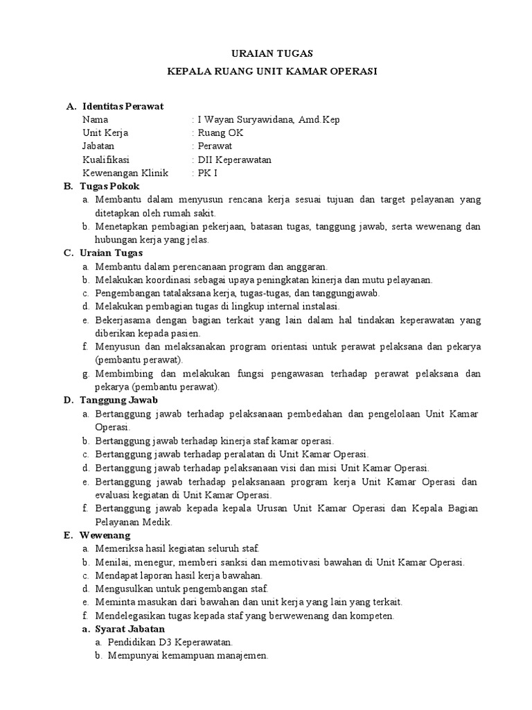 Uraian Tugas Kepala Ruang Ok | PDF