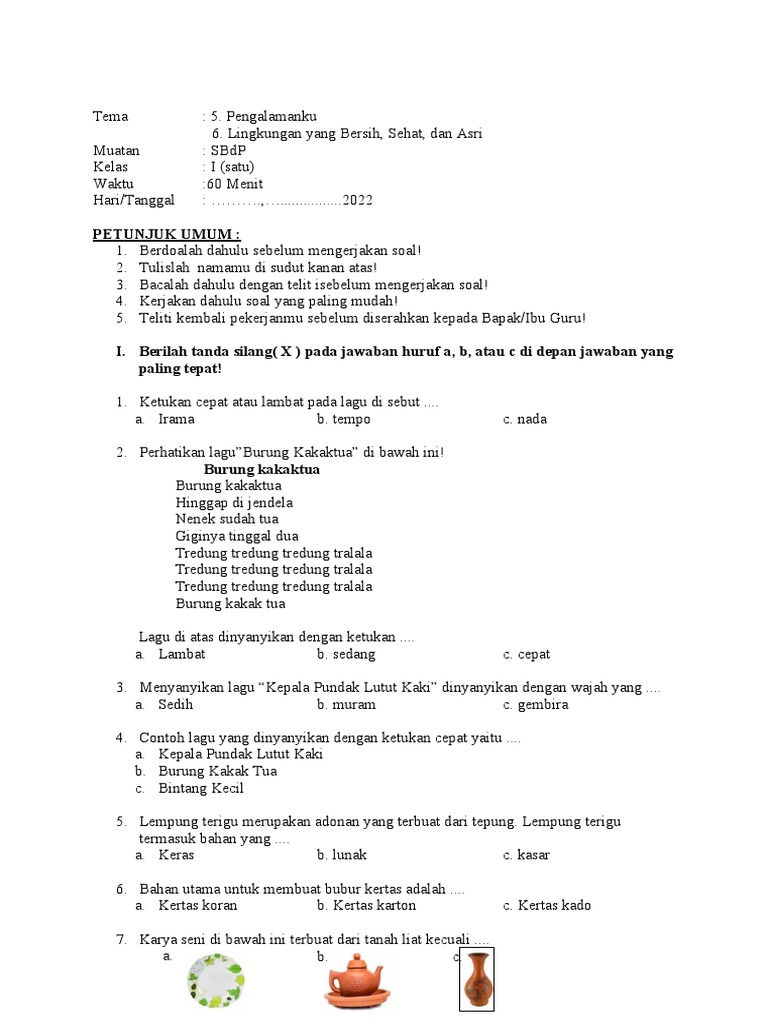 Soal PTS Kelas 1 Semester 2 SBDP | PDF