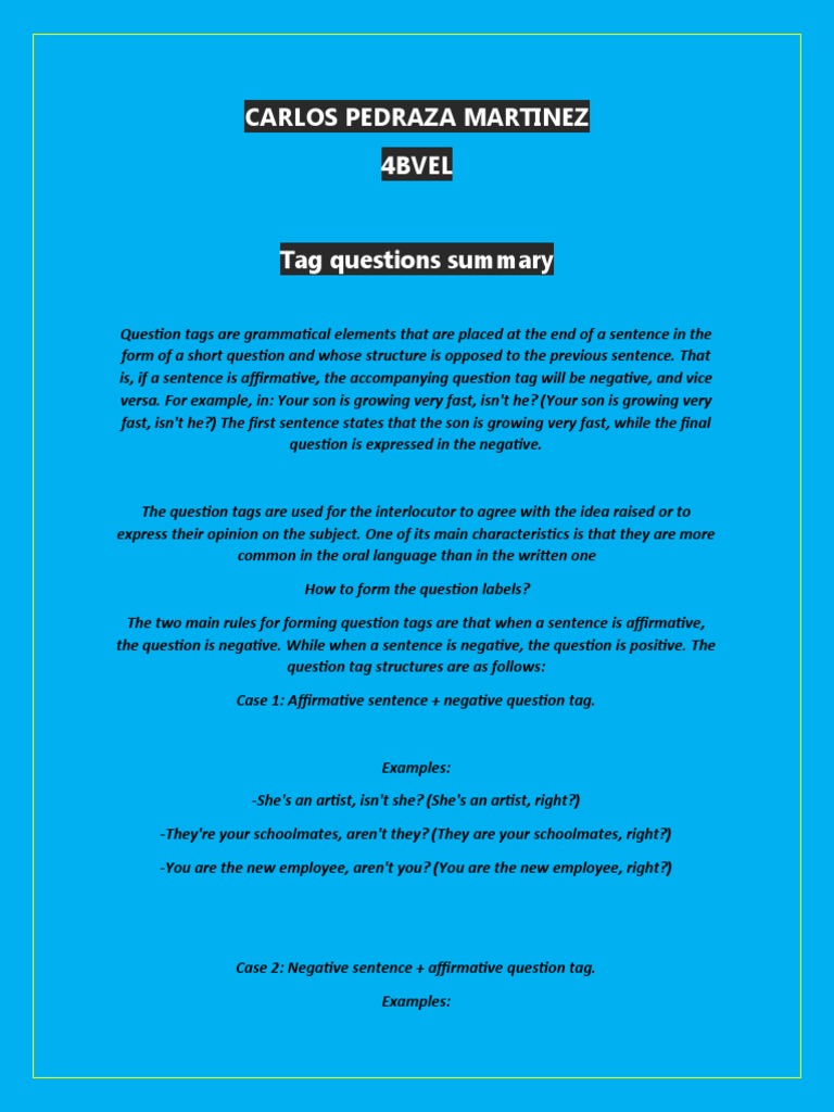 Tag Questions Summary | PDF | Question | Verb