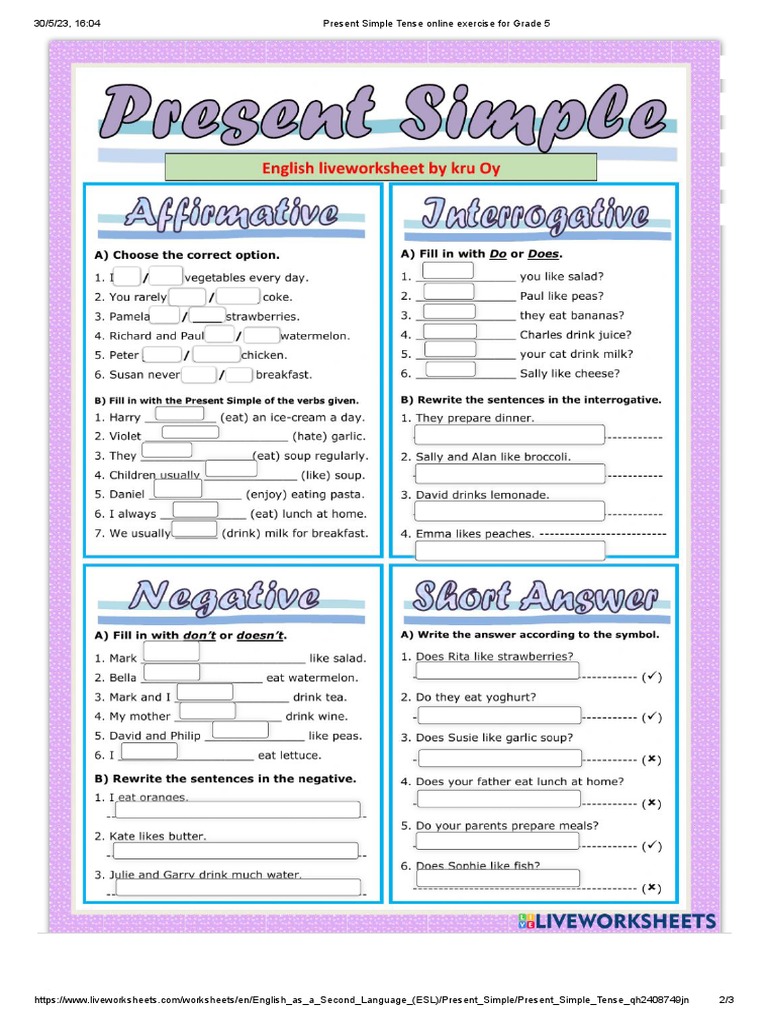 Present Simple Tense Online Exercise For Grade 5 | PDF