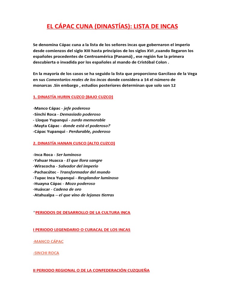 El Cápac Cuna H.P 2° Sec. | PDF | Imperio Inca | Perú