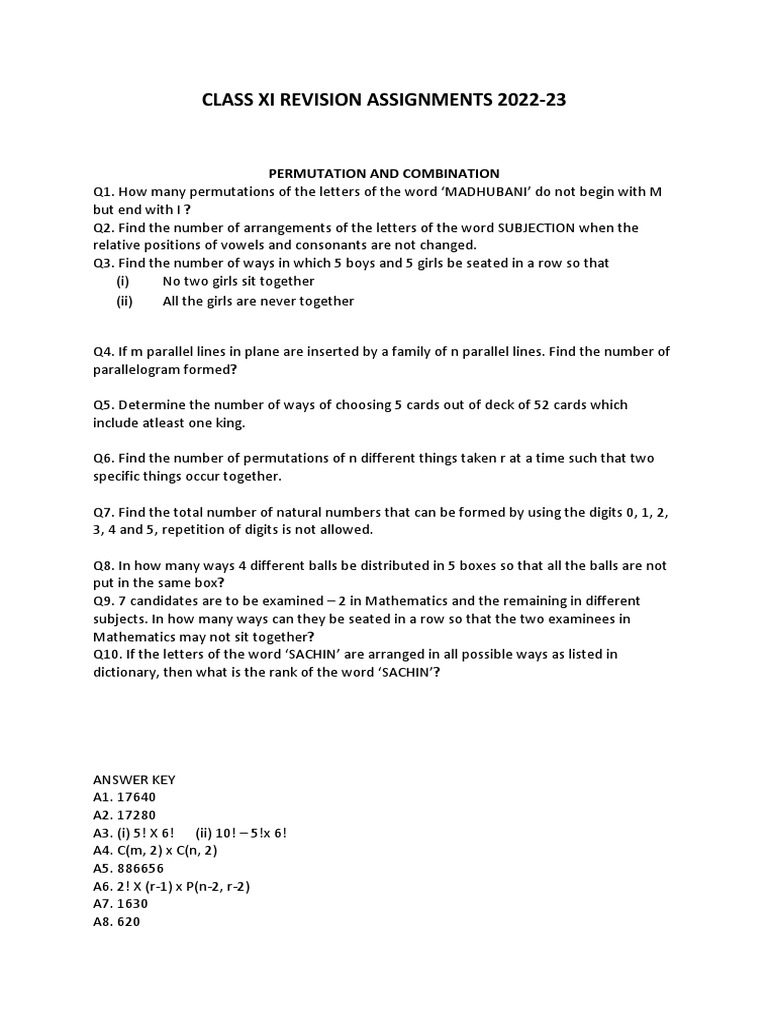 Class Xi Revision Assignments 2022-23 | Download Free PDF | Geometry ...
