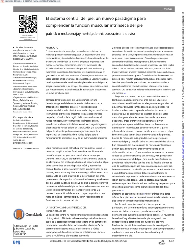 El Sistema Central Del Pie: Un Nuevo Paradigma para Comprender La Función Muscular Intrínseca ...