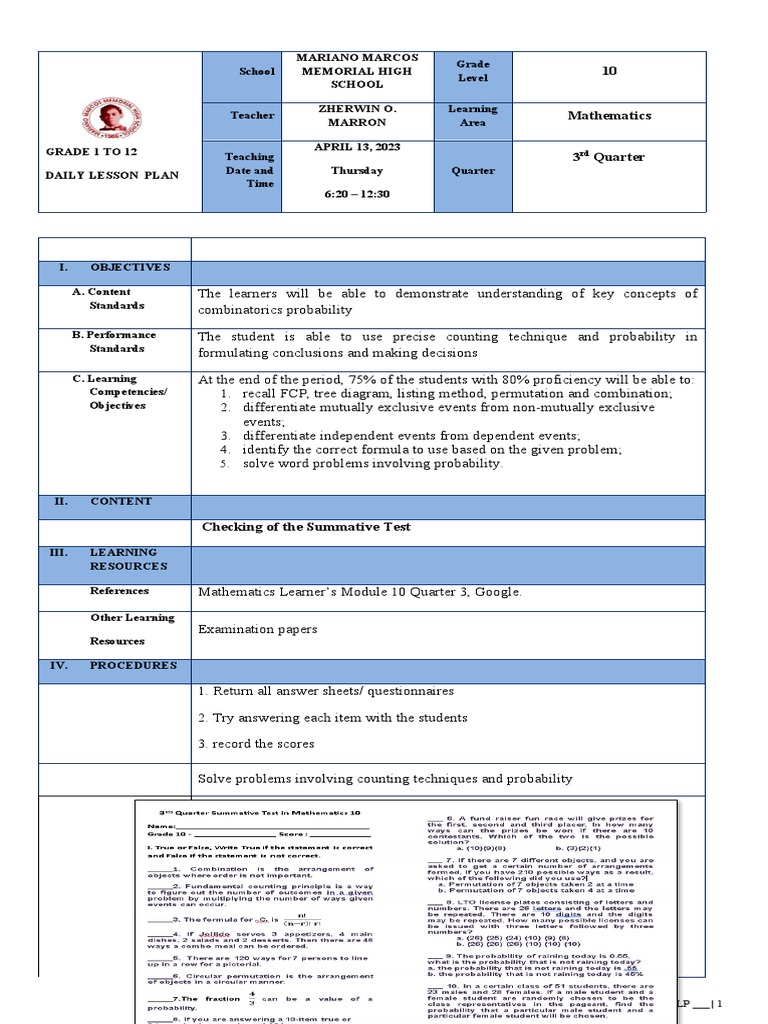 Grade 10 Math Lesson Plan on Probability | PDF | Learning | Teachers