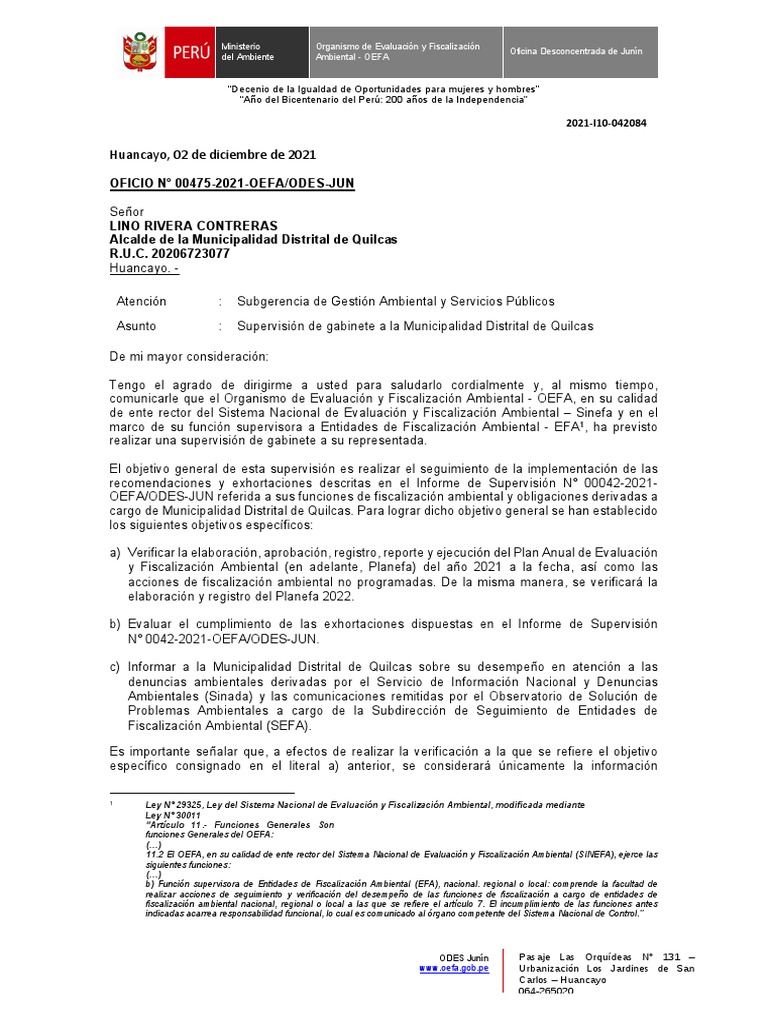 Oficio N 475-2021-Oefa-Odes-Jun | PDF | Entorno natural