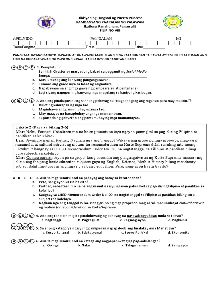 Grade 8 - FILIPINO 3rd Periodical Test | PDF