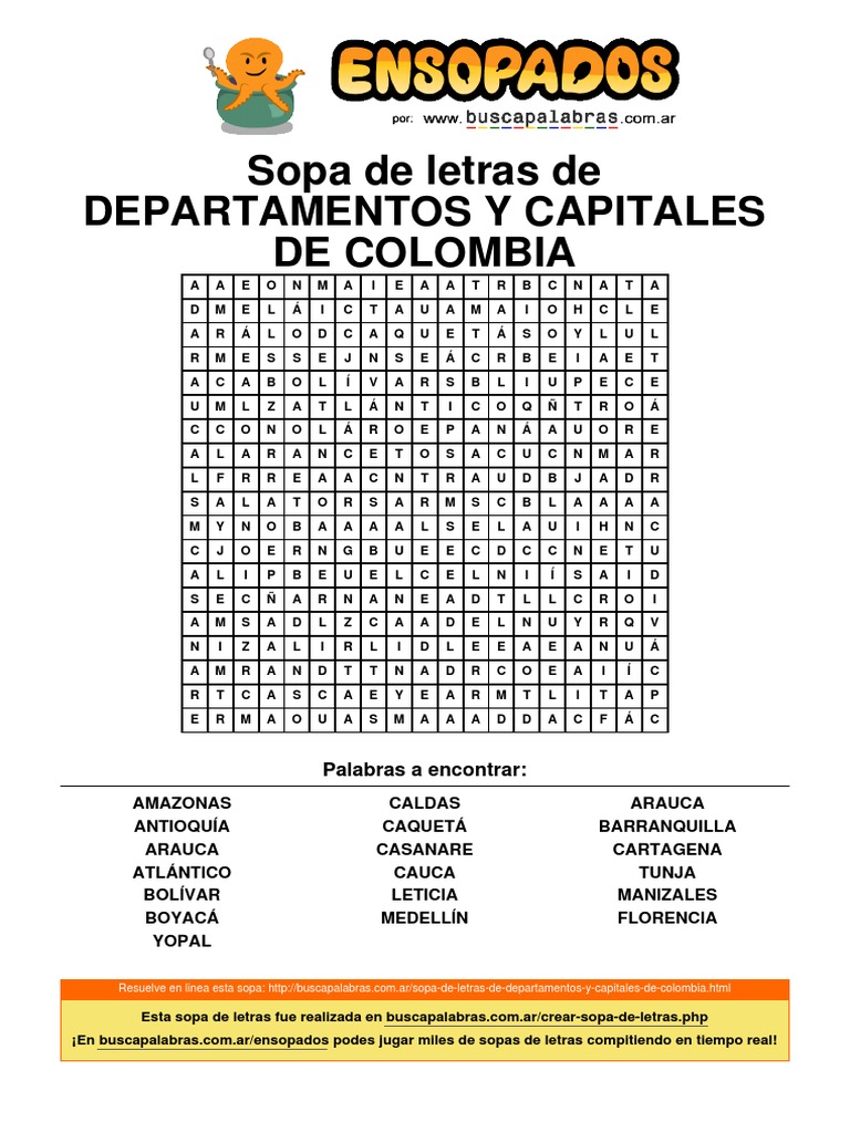 Sopa de Letras de Departamentos y Capitales de Colombia | PDF
