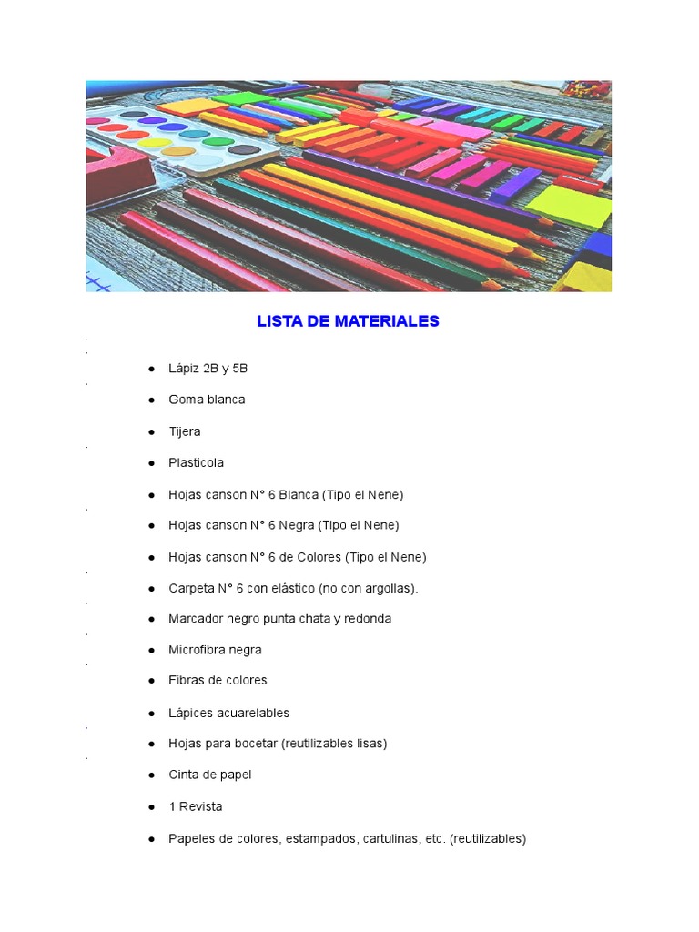 Lista de Materiales - Artes Visuales | PDF