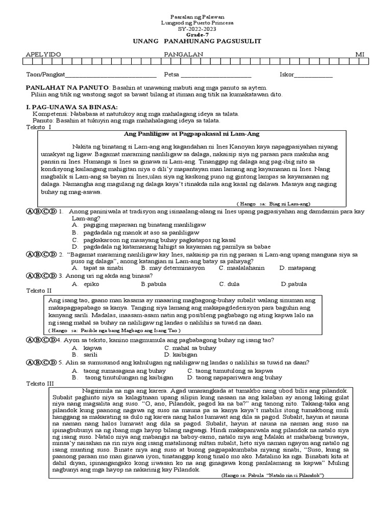 Grade 7-Filipino PERIODICAL-TEST-1st-grading-2022 | PDF