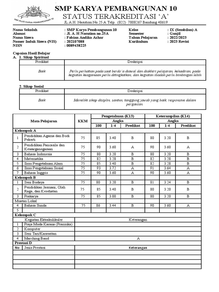CONTOH RAPOT SMP | PDF