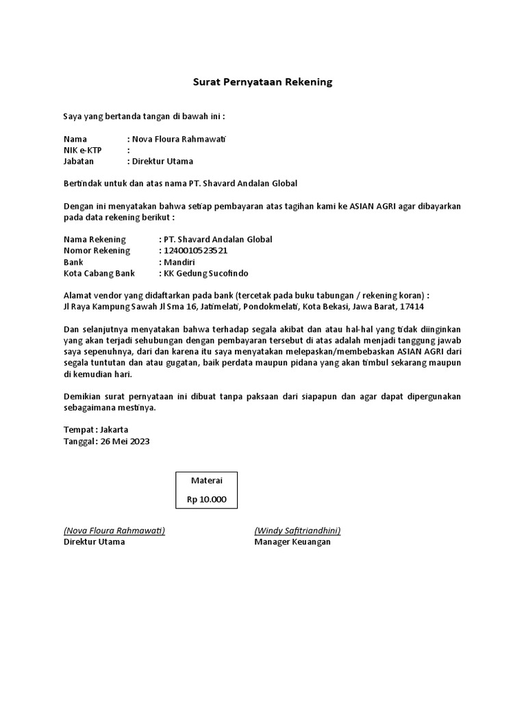 Contoh Surat Pernyataan Nomor Rekening | PDF