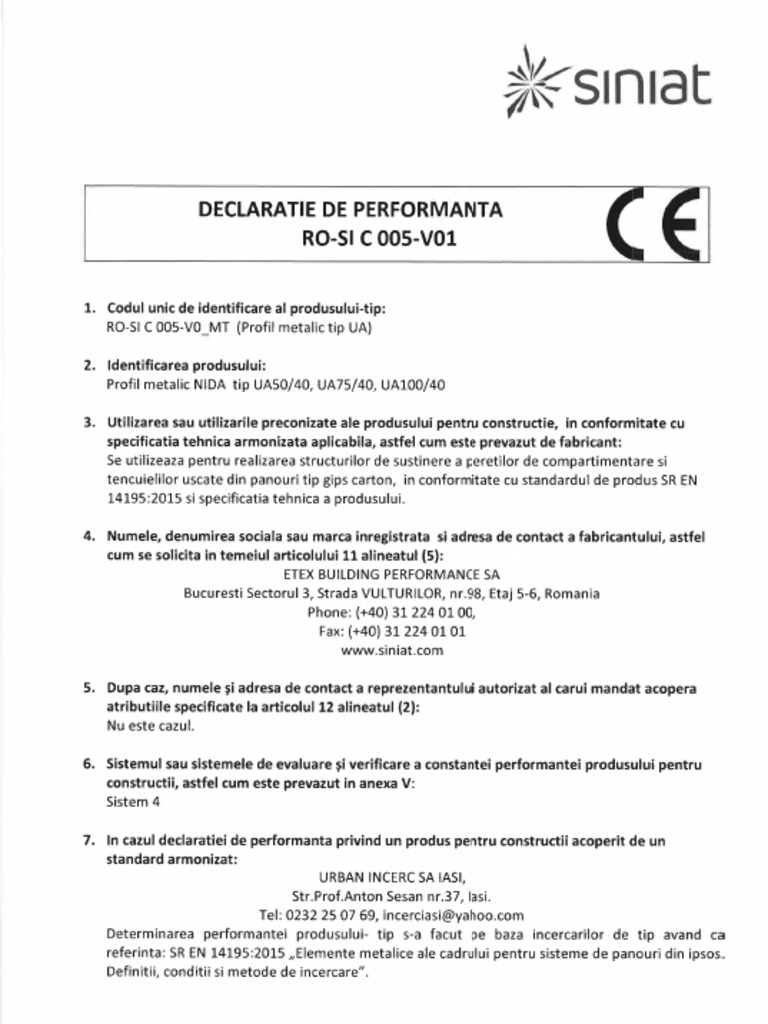 Declaratie de Performanta Dop Profil Metalic Nida Ua50 Ua75 Ua100 | PDF