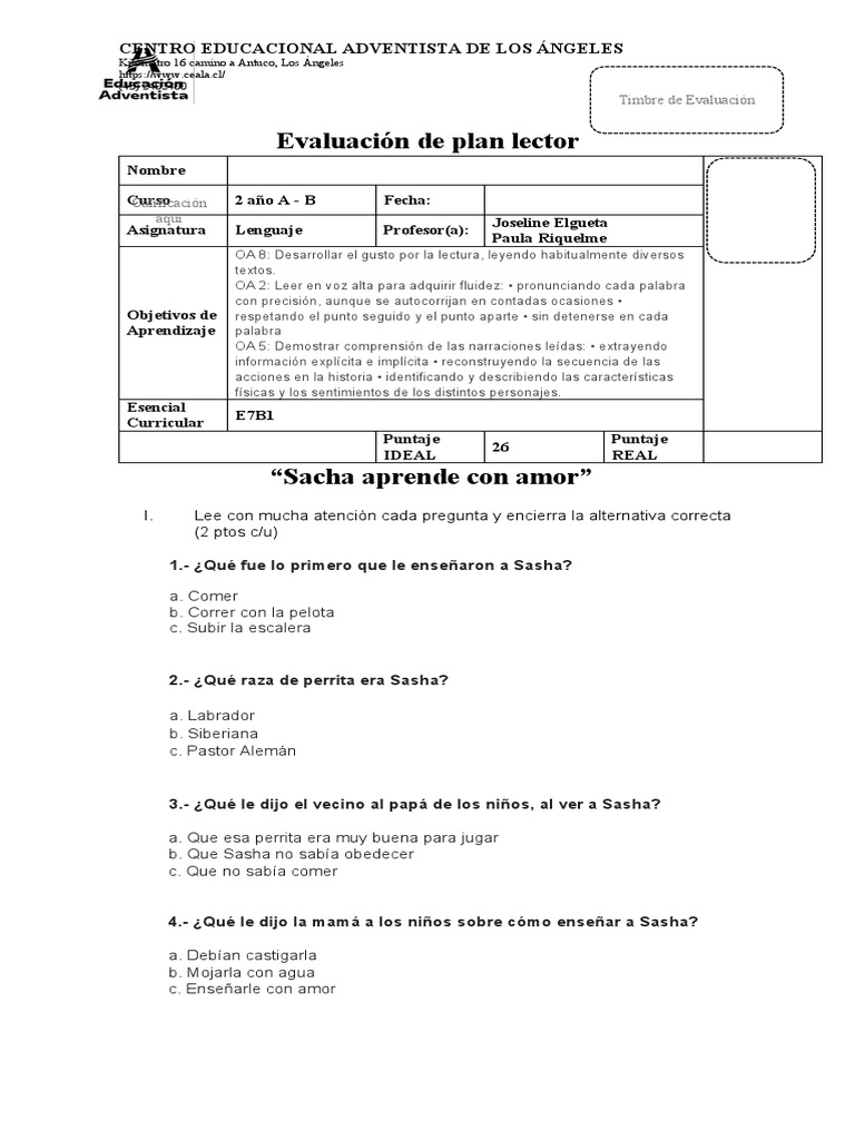 Evaluación Sacha Aprende Con Amor | PDF