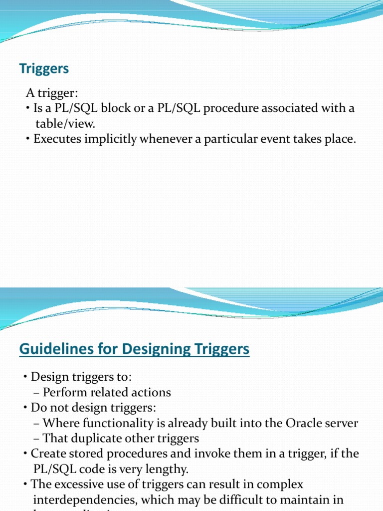 Managing Triggers | PDF | Pl/Sql | Computer Programming Managing Triggers | PDF | Pl/Sql | Computer Programming