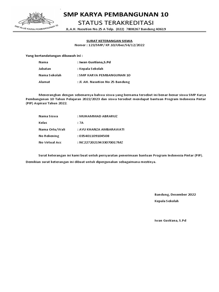 Contoh Surat Keterangan Pip Aspirasi | PDF