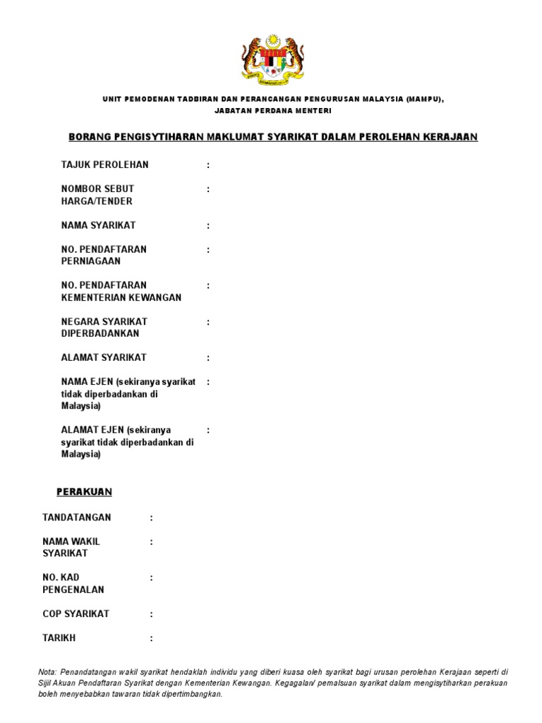Borang Pengisytiharan Maklumat Syarikat Dalam Perolehan-Kerajaan-MAMPU | PDF