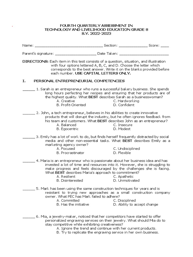 Fourth Quarterly Assessment in T.L.E 8 | PDF | Entrepreneurship ...