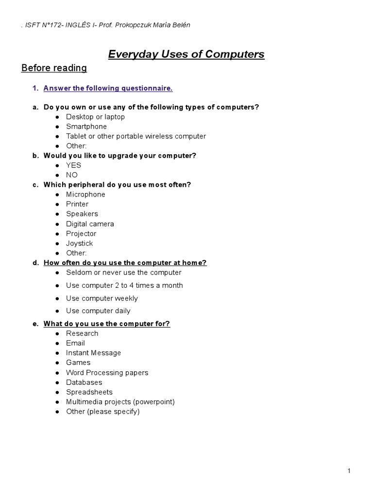 Inglés I - TP 3 - Everyday Uses of Computers | PDF | Barcode | Noun