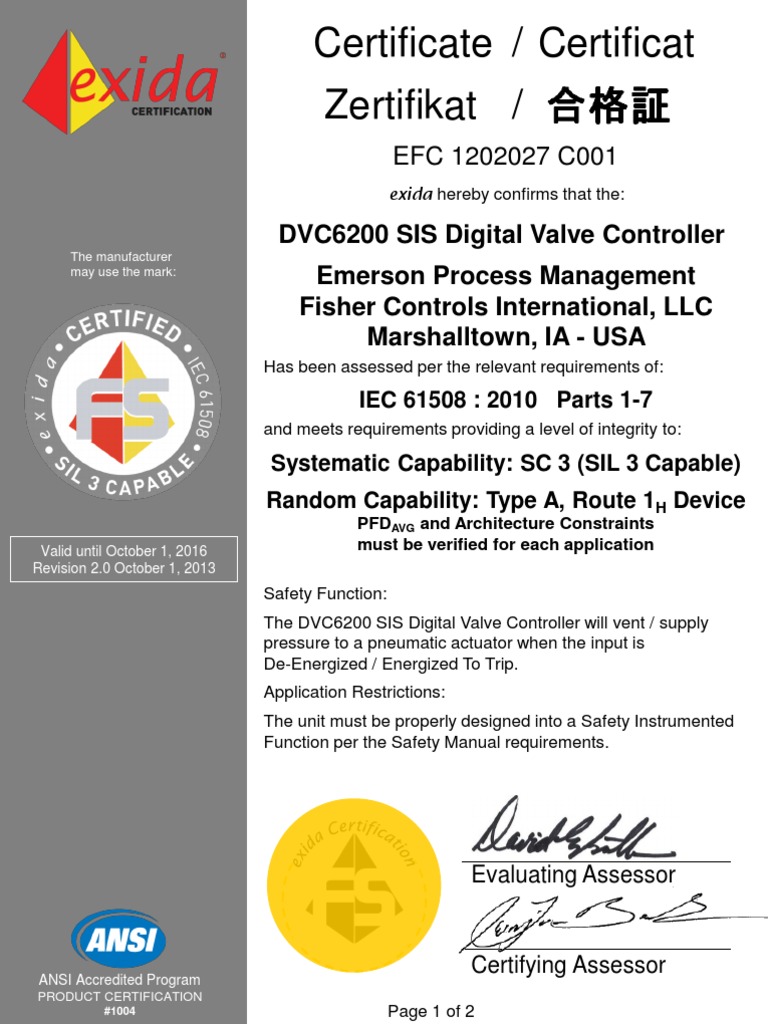 DVC6200 SIS Positioner Certificate | PDF | Safety | Systems Engineering